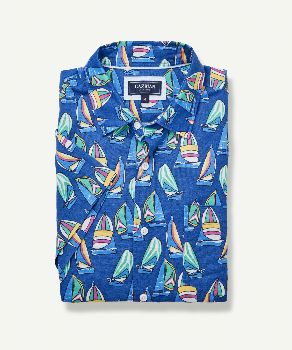 Linen Blend Sailing Print Short Sleeve Shirt Royal Short Sleeve