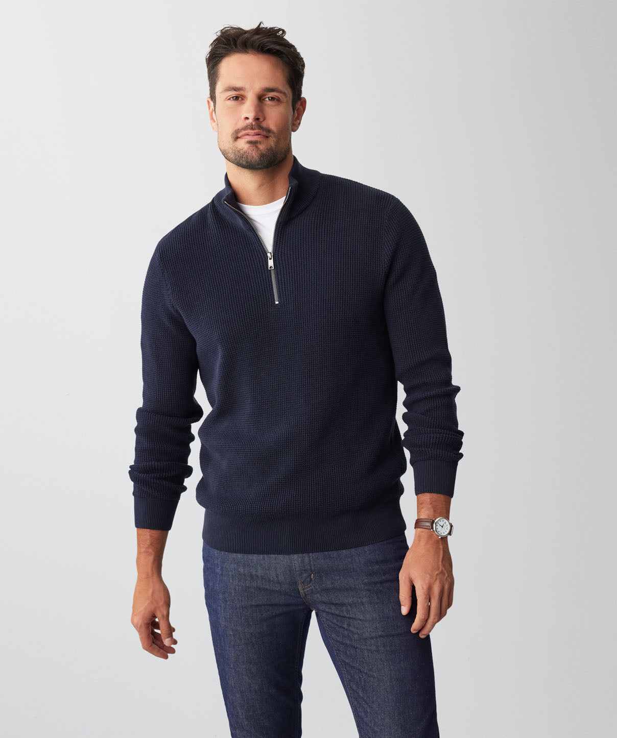 Waffle Half Zip Knit - Navy - x-knitwear - GAZMAN