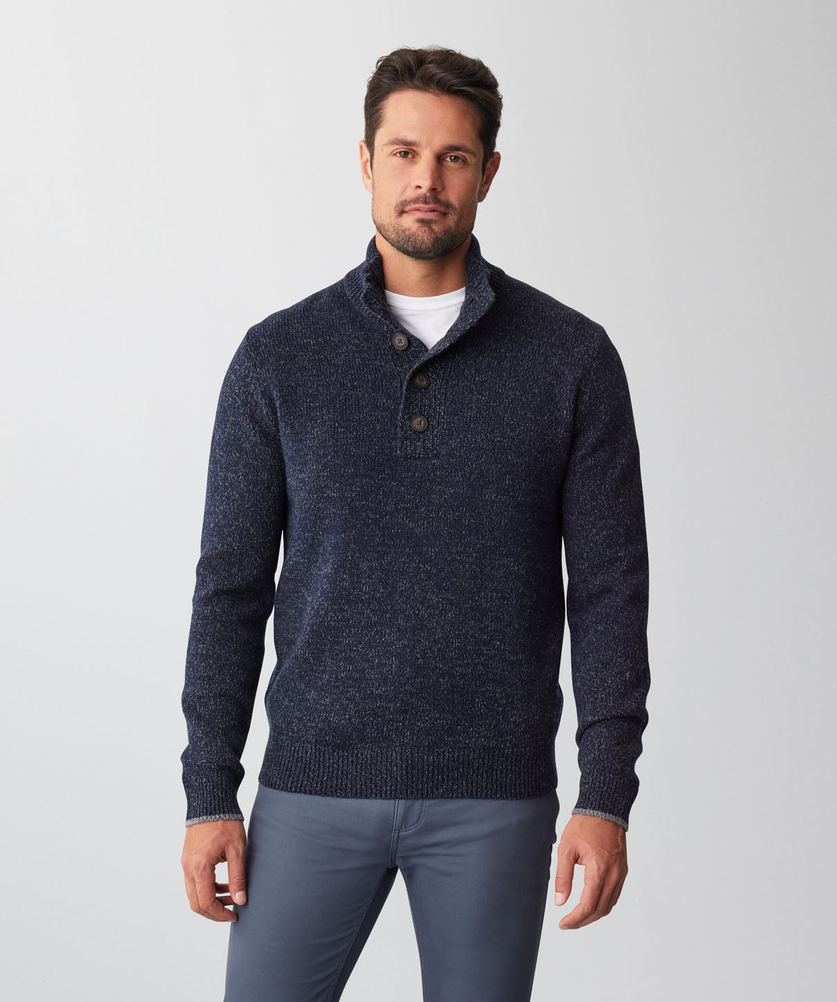 Wool Blend Button Neck Knit - Navy - x-knitwear - GAZMAN