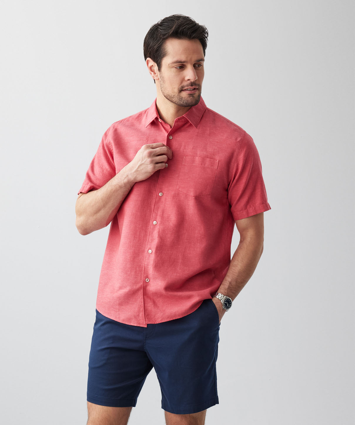 Linen Blend Plain Short Sleeve Shirt - Raspberry - category_2:Short ...