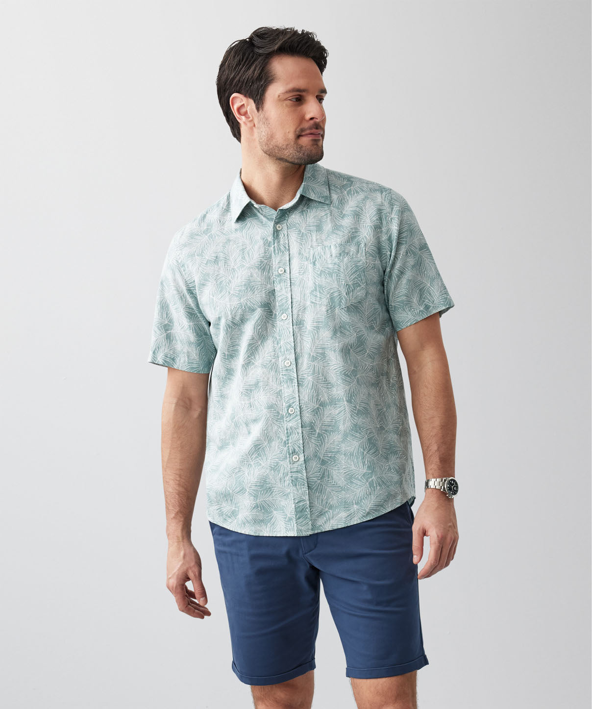 Linen Blend Leaf Print Short Sleeve Shirt - Sage - short_sleeve_shirts ...