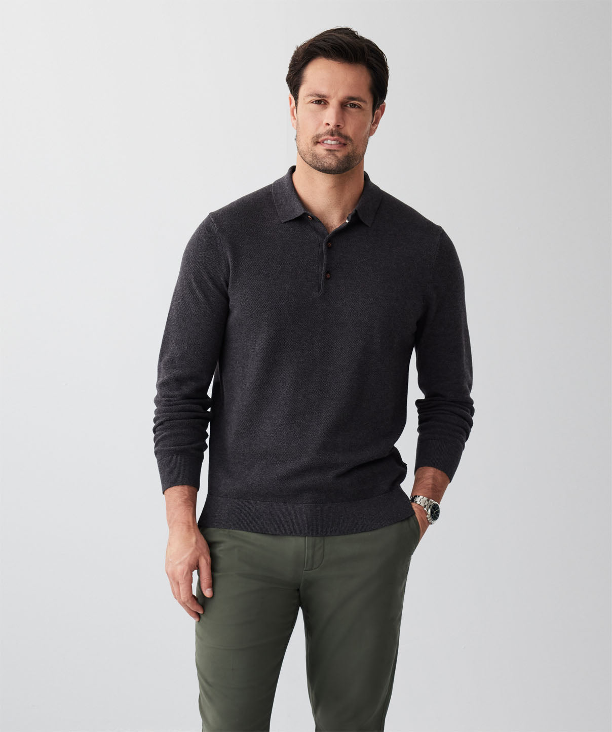 Long Sleeve Textured Knit Polo - Charcoal - polos - GAZMAN