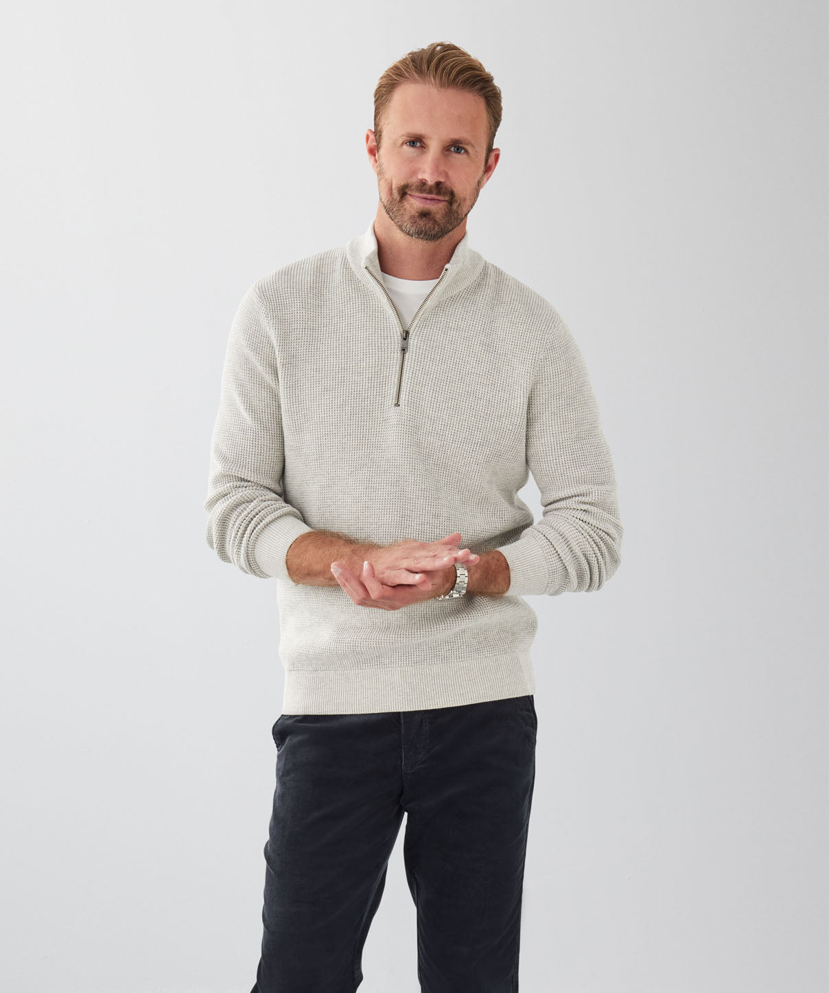 Cotton Waffle Half Zip Knit - Oatmeal - knitwear - GAZMAN