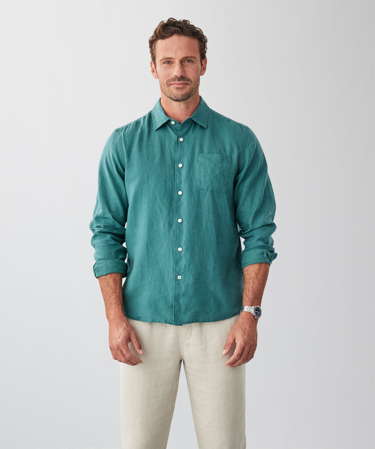 Pure French Linen Long Sleeve Shirt - Evergreen - long_sleeve_shirts ...