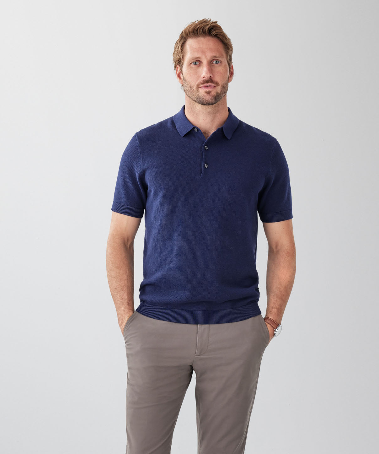 Textured Knit Polo - Denim - polos - GAZMAN