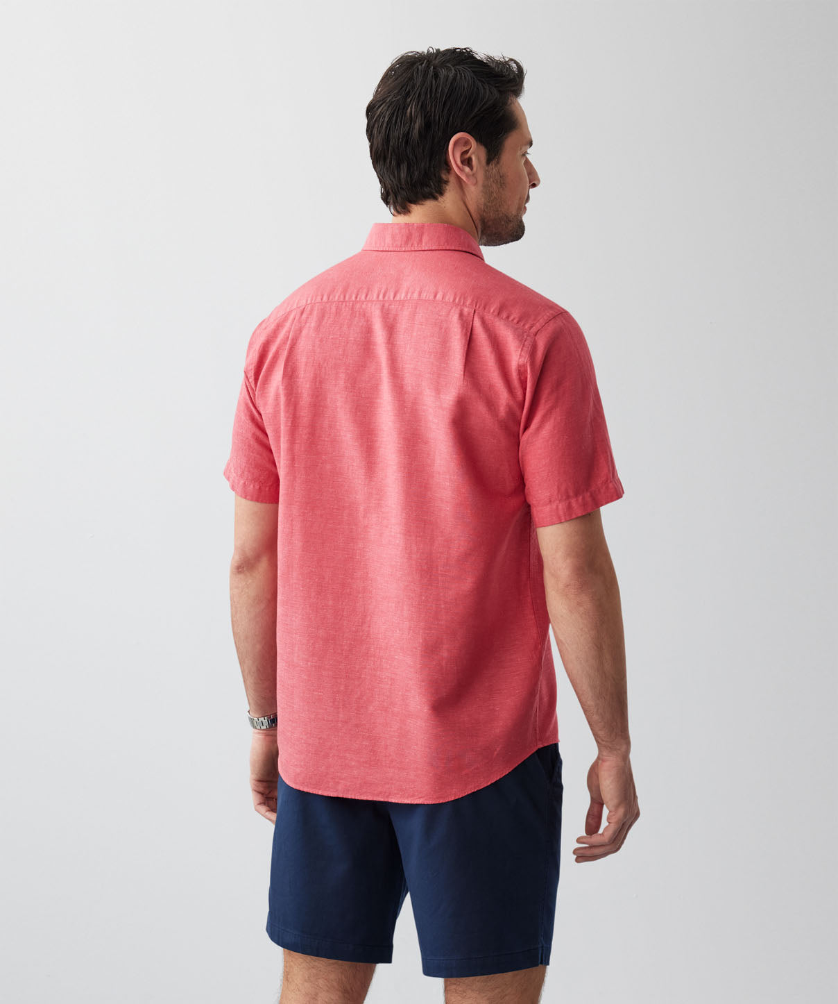 Linen Blend Plain Short Sleeve Shirt - Raspberry - category_2:Short ...