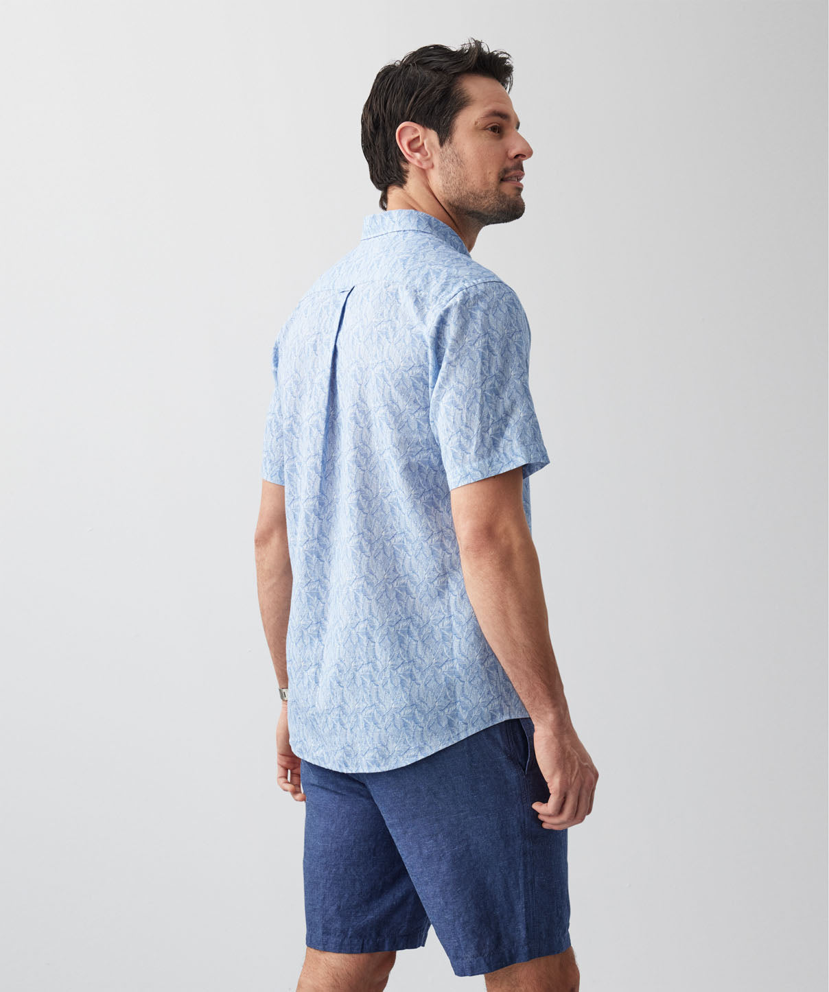 Linen Blend Leaf Print Short Sleeve Shirt - Navy - category_2:Short ...