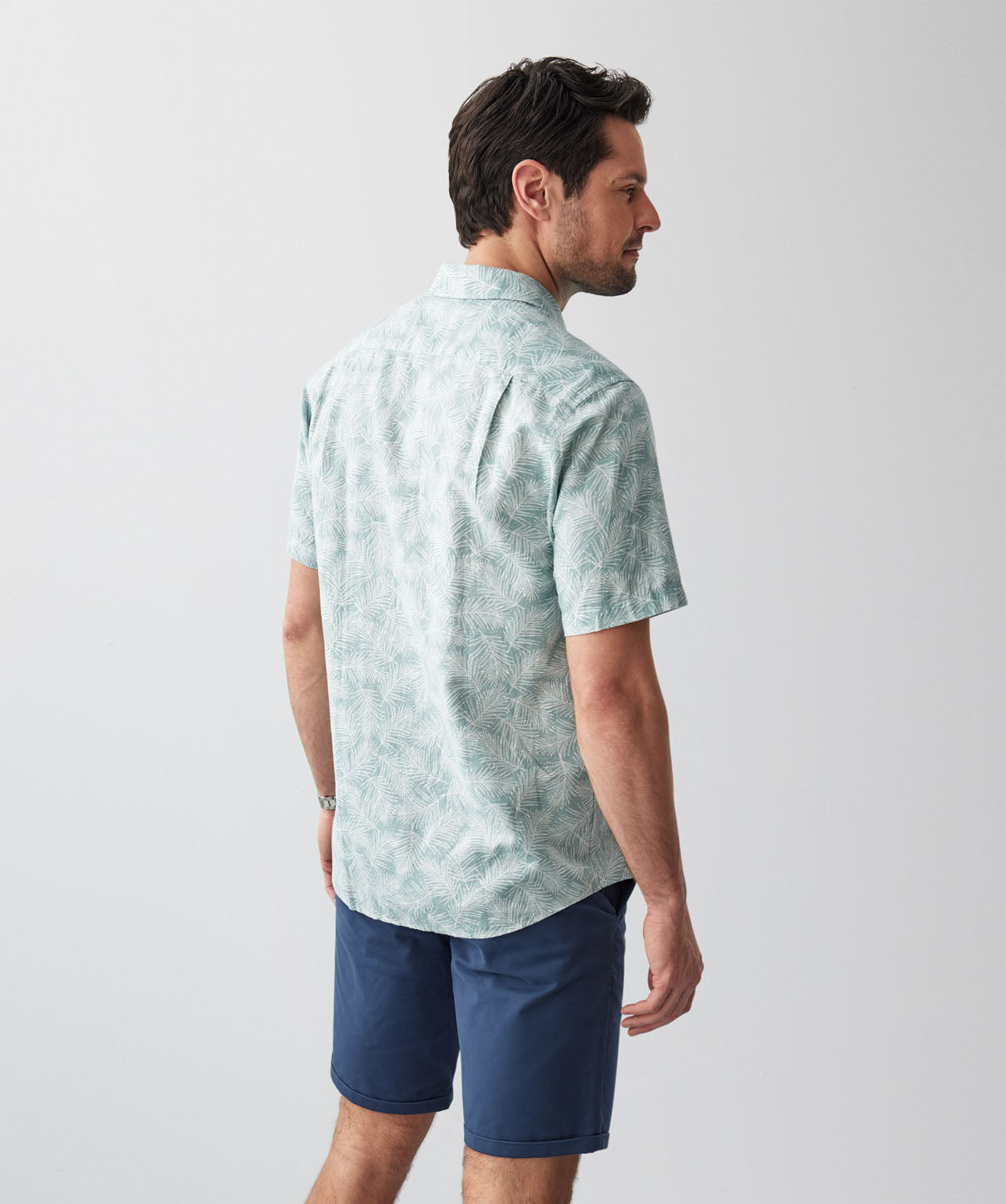 Linen Blend Leaf Print Short Sleeve Shirt - Sage - short_sleeve_shirts ...