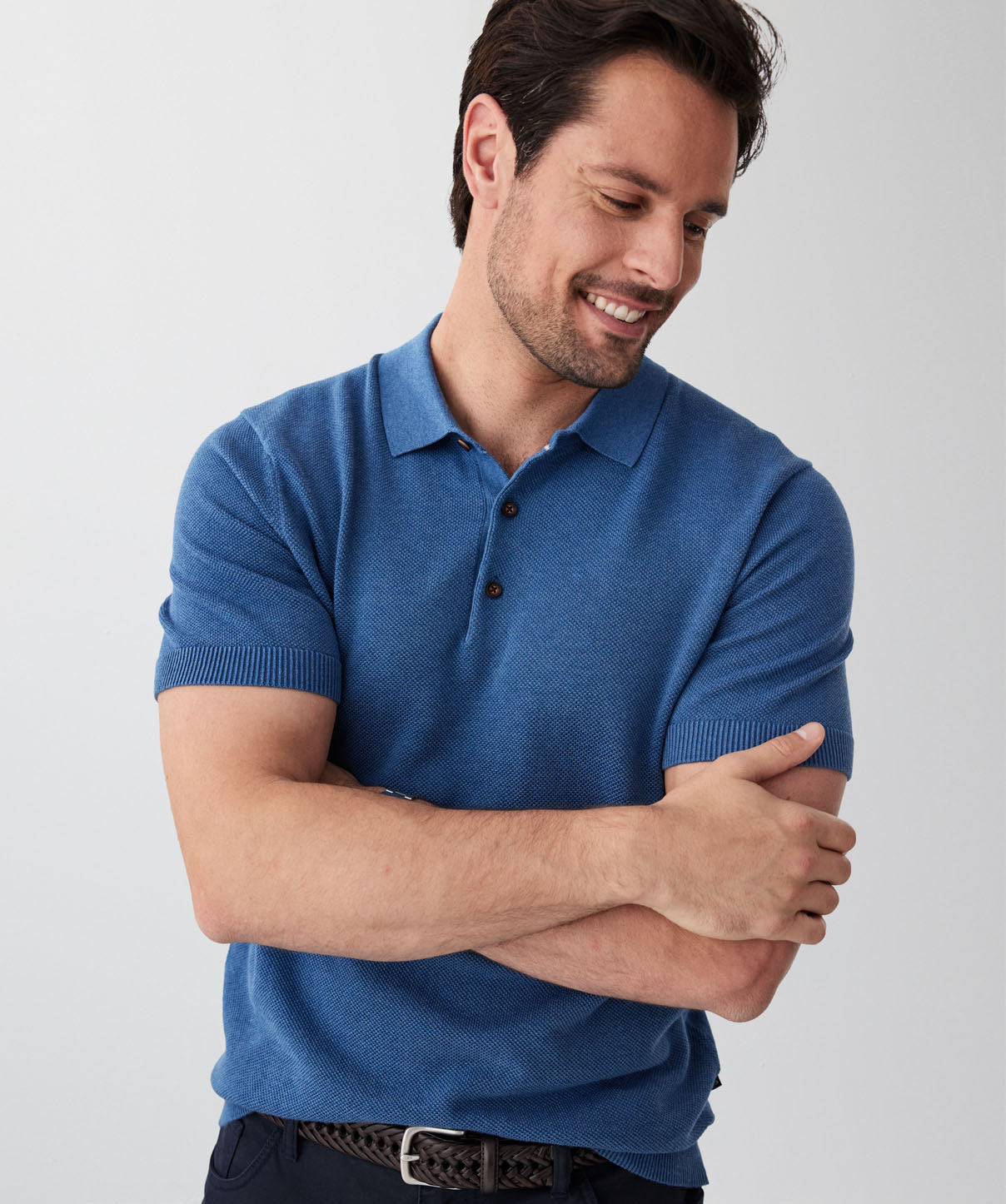 Textured Knit Polo - Blue - polos - GAZMAN