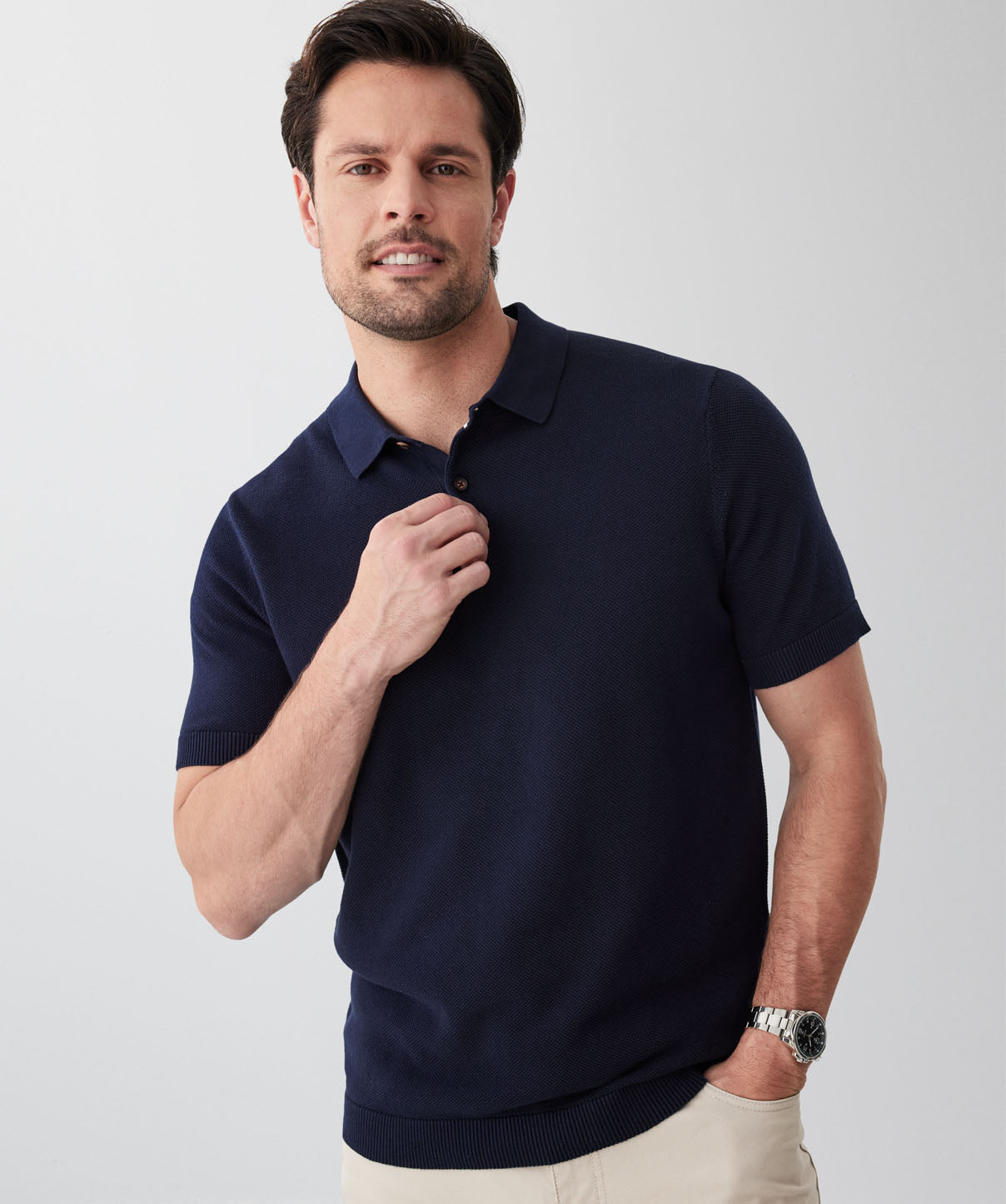 Textured Knit Polo - Navy - polos - GAZMAN