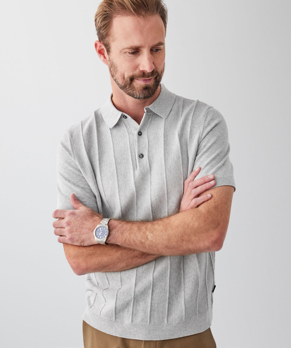 Textured Knit Polo - Grey Marle - polos - GAZMAN