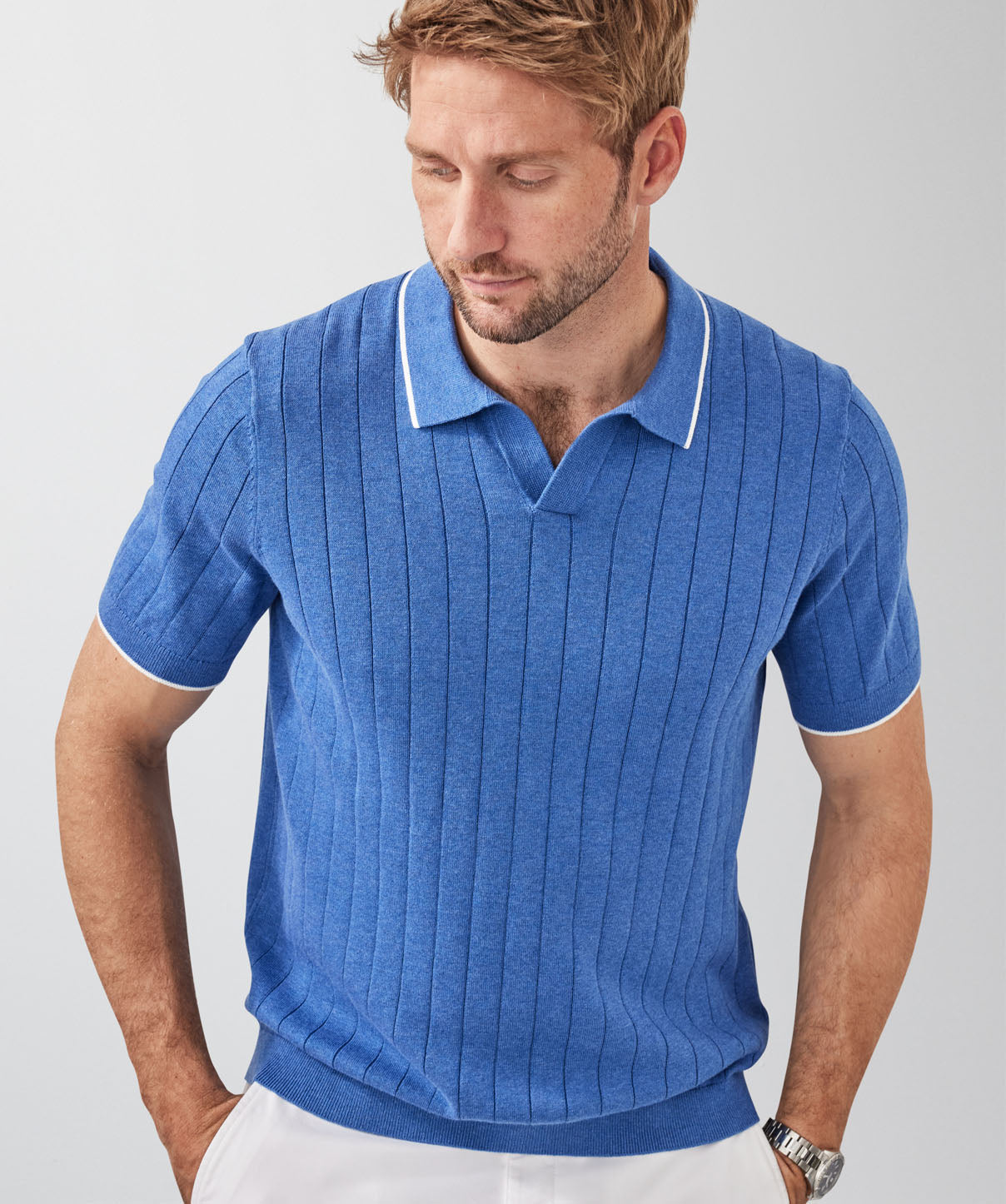 Textured Knit Polo - Ocean - polos - GAZMAN