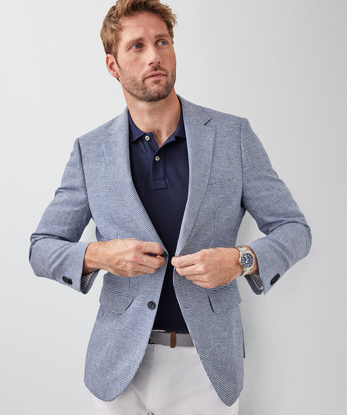 Linen Blend Houndstooth Sports Jacket - Blue Mix - sports_jacket - GAZMAN