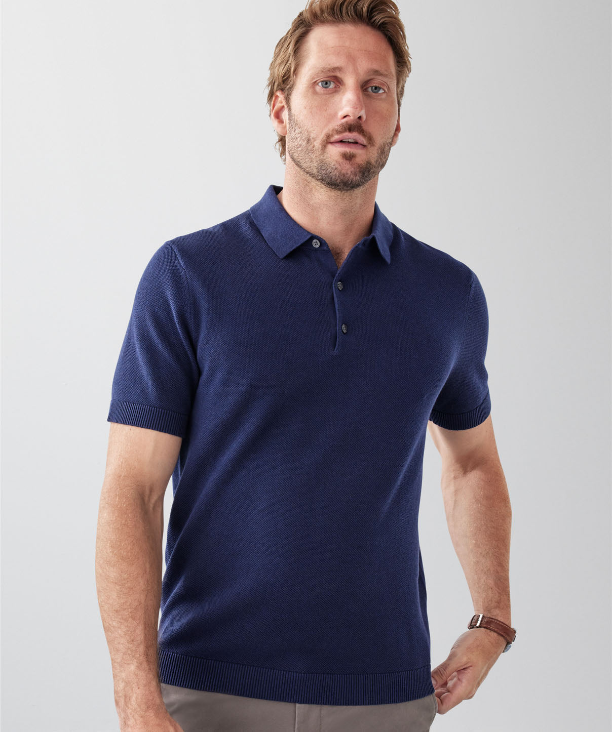 Textured Knit Polo - Denim - polos - GAZMAN